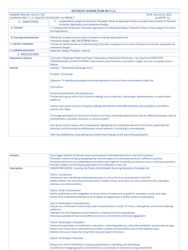 Detailed Lesson Plan Week 1 | PDF | Multimedia | Communication