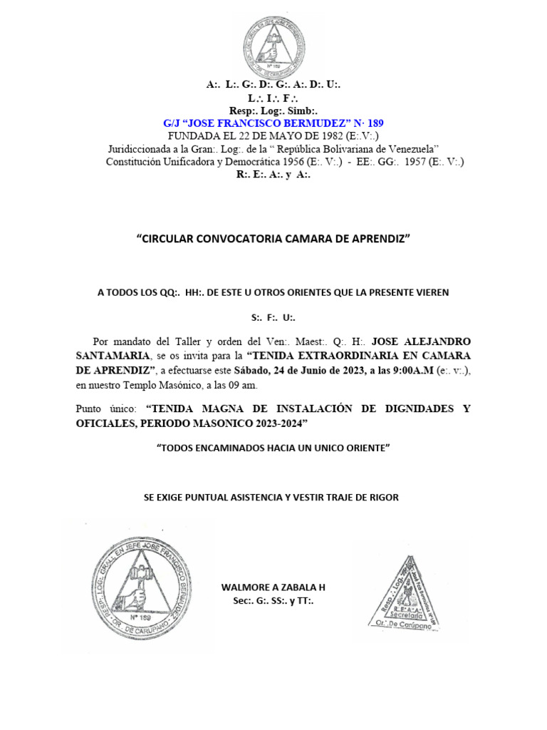 Convocatoria a Tenida Extraordinaria | PDF | Viajes y turismo | Historia