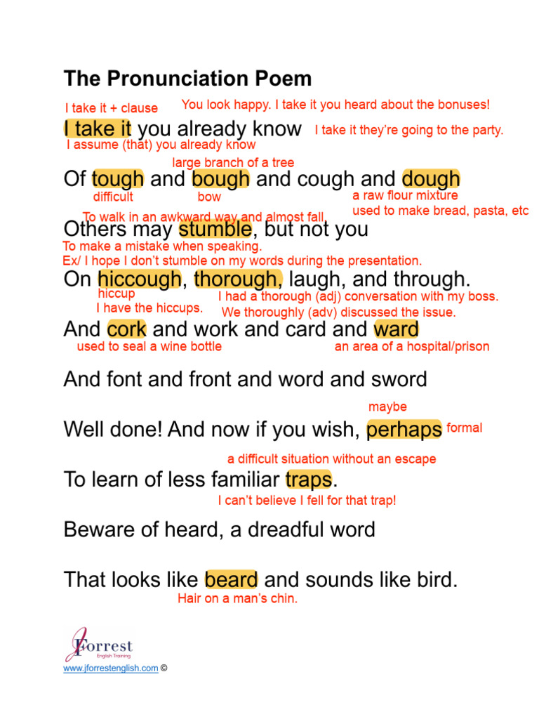 Pronunciation Poem Vocabulary Review | PDF
