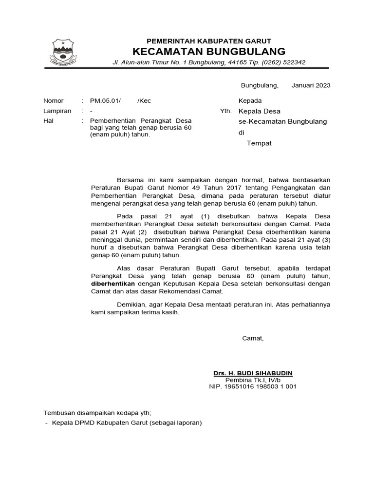 Surat Pemberhentian Perangkat Desa | PDF