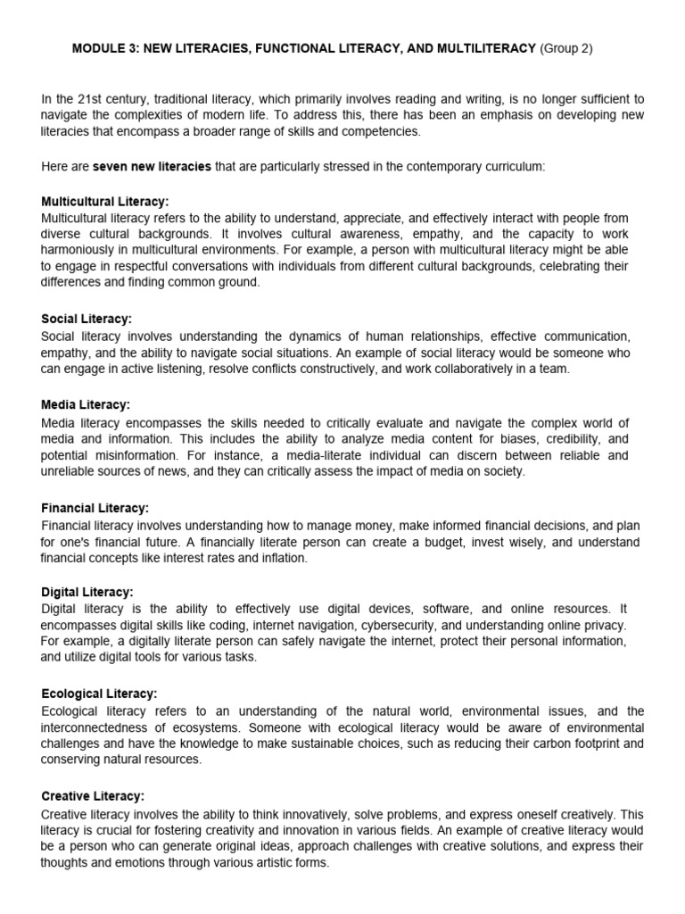 Module 3 - New Literacies, Functional Literacy, and Multiliteracy | PDF | Literacy | Learning