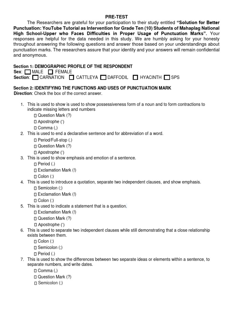 Pre Test | PDF | Punctuation | Comma