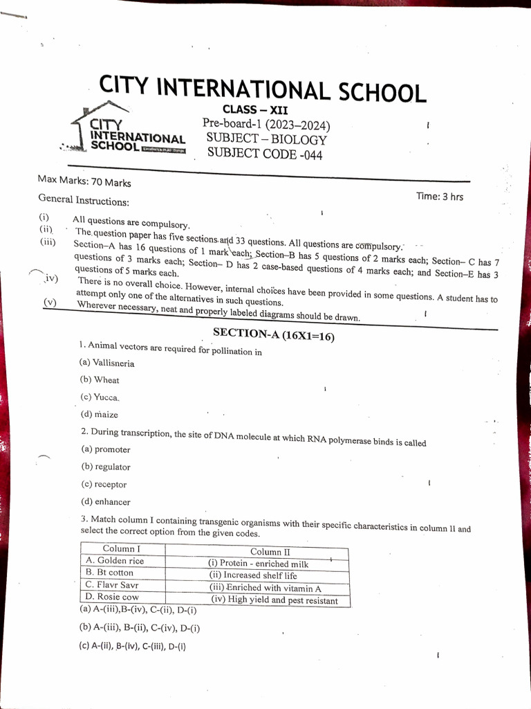 Pre Board Bio Ques Paper-1 | PDF