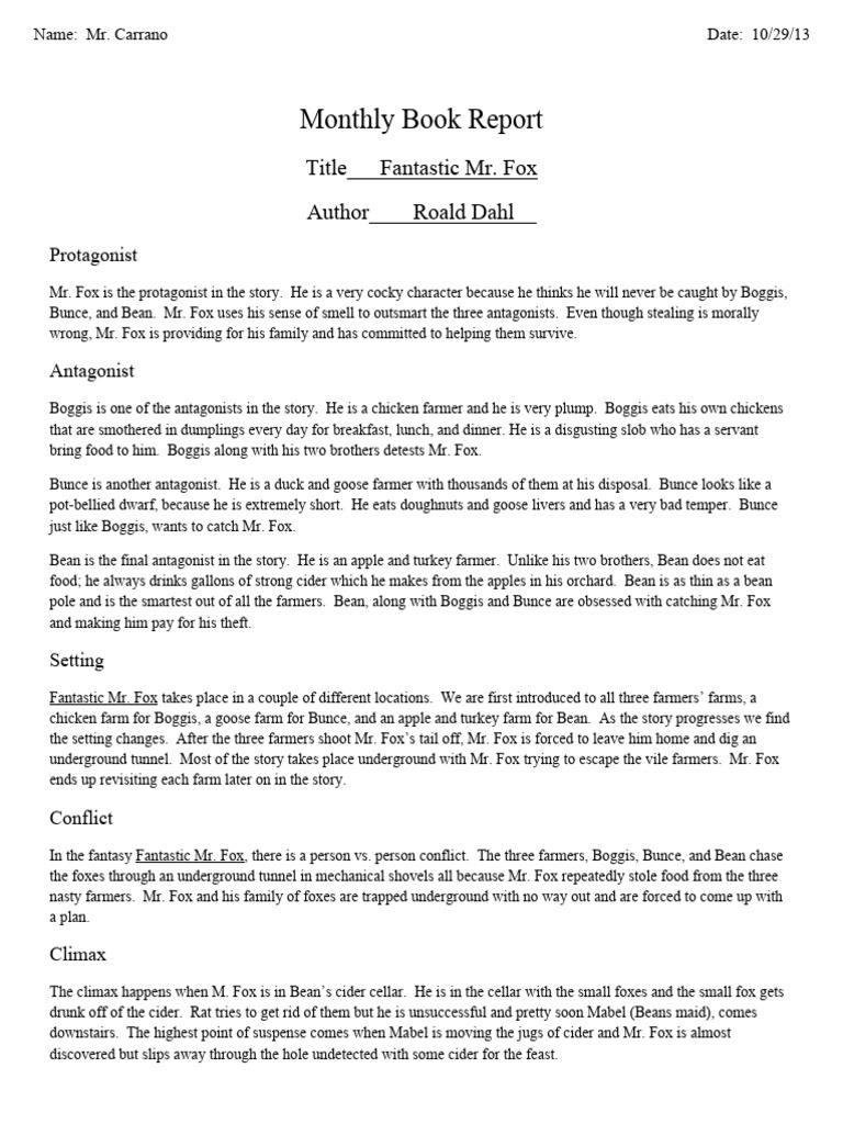 Monthly Book Report Fantastic Mr. Fox | PDF