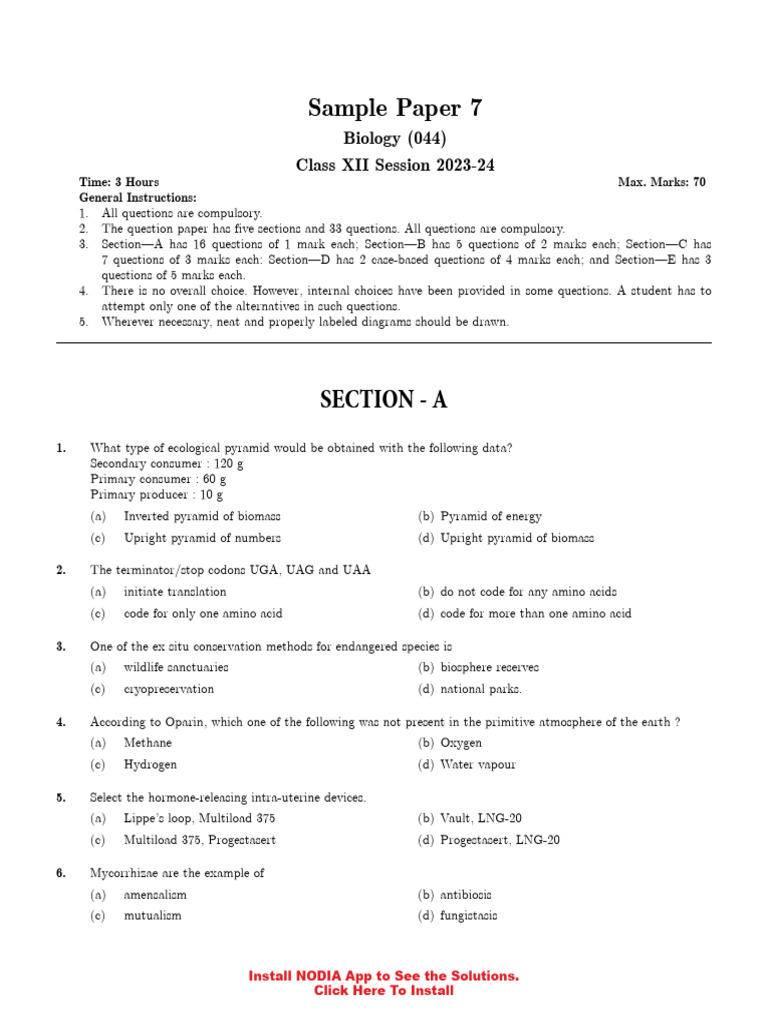 BY Sample Paper 7 Unsolved | Download Free PDF | Dna | Dna Sequencing