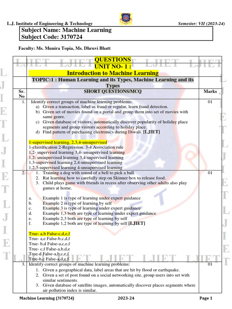 ML_QB_ODD_2023 | PDF | Cross Validation (Statistics) | Machine Learning