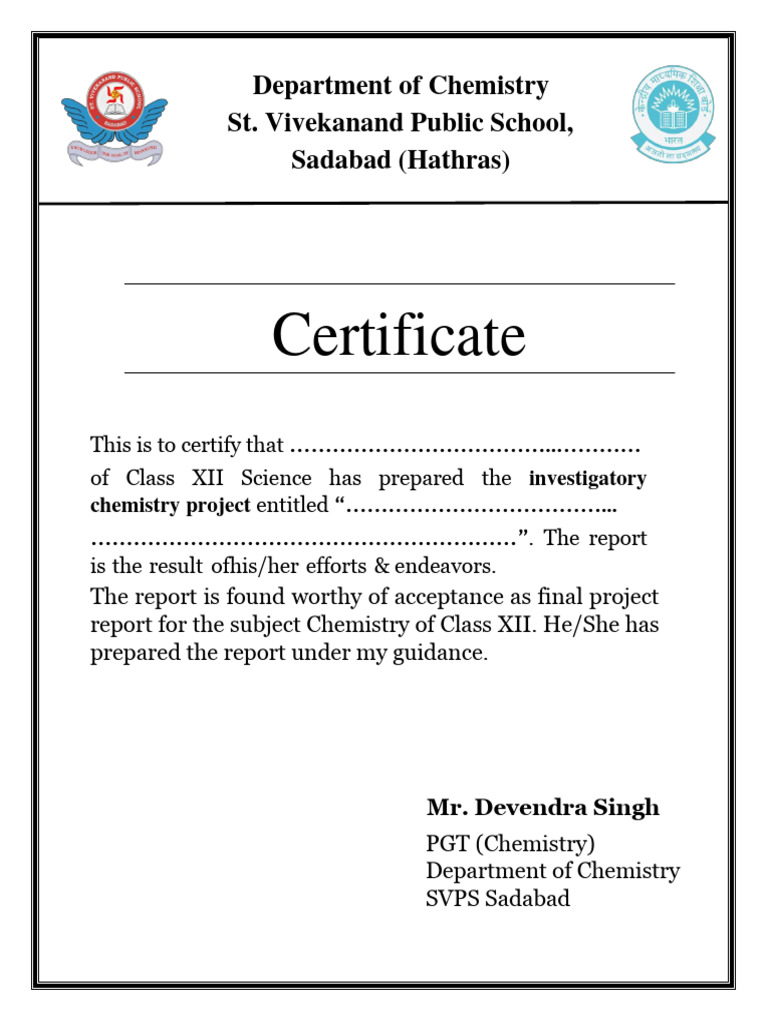 Certificate for Class 12 Chemistry Project | PDF