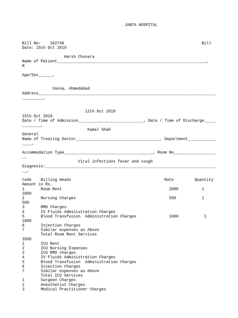Final HOSPITAL BILL FORMAT PDF | PDF | Surgery | Intravenous Therapy