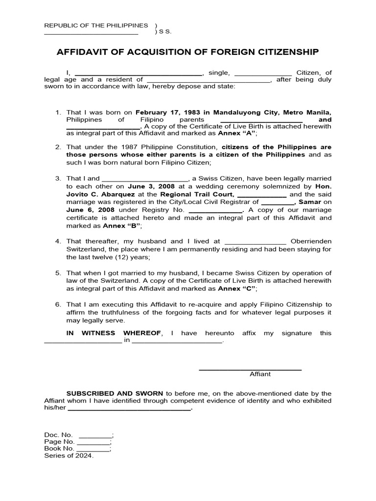 Affidavit of Acquisition of Foreign Citizenship | PDF | Affidavit ...