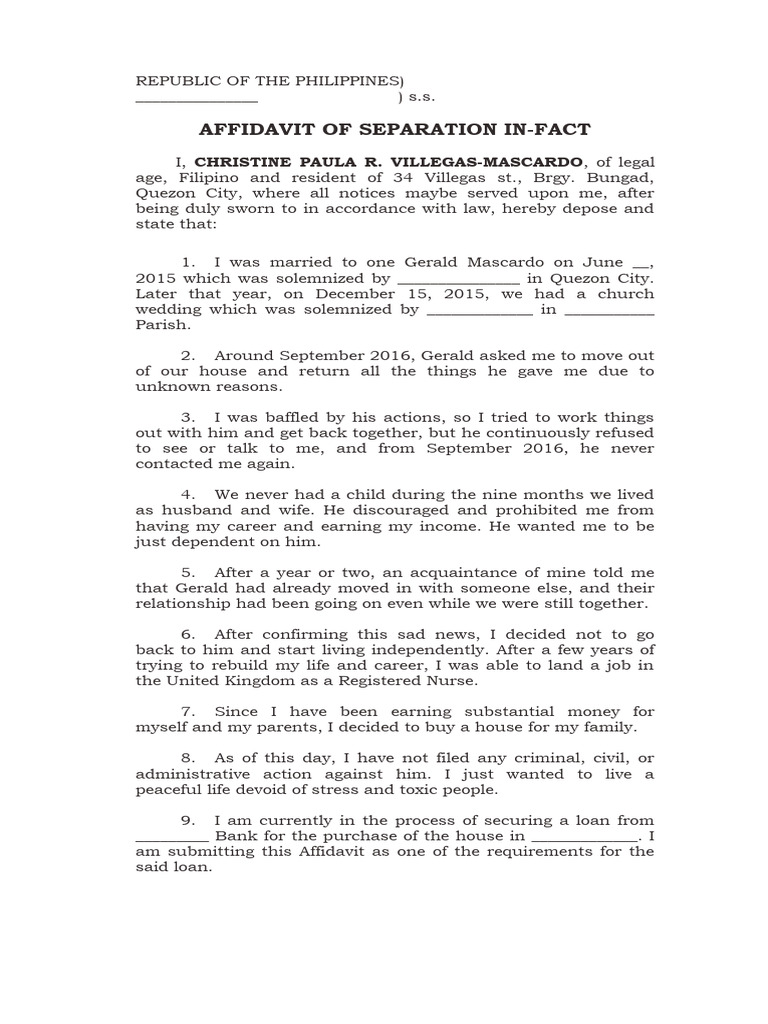 Affidavit of Separation in Fact | PDF | Affidavit | Justice