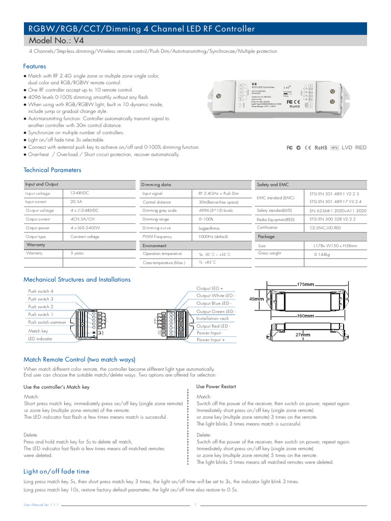 Model No.: V4: RGBW/RGB/CCT/Dimming 4 Channel LED RF Controller | PDF ...