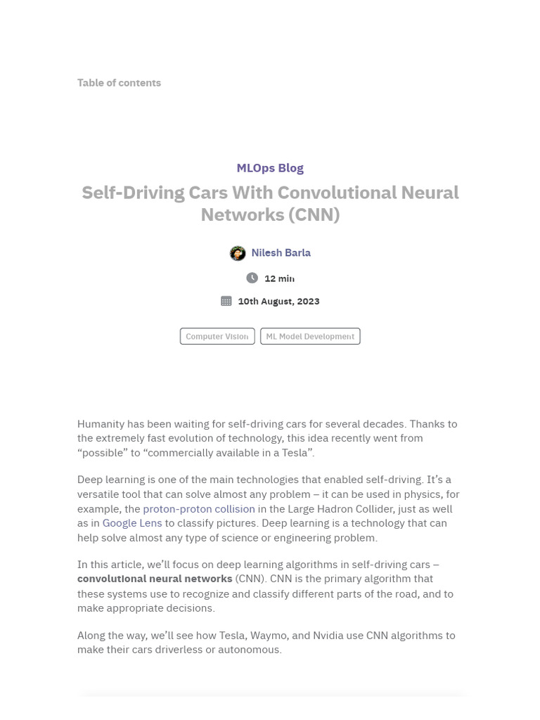 CNNs in Self-Driving Car Technology | PDF | Lidar | Cognition