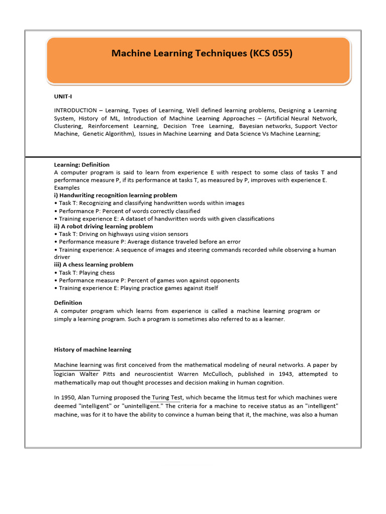 Unit I Notes Machine Learning Techniques | PDF
