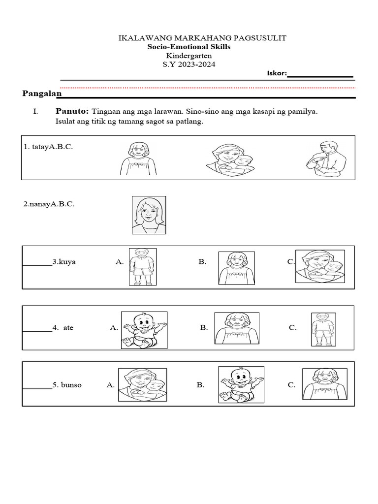 Pangalan Panuto:: Ikalawang Markahang Pagsusulit Kindergarten S.Y 2023 ...