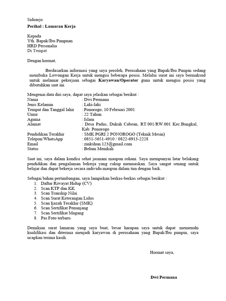 Lamaran Kerja & CV Dwi Permana | PDF