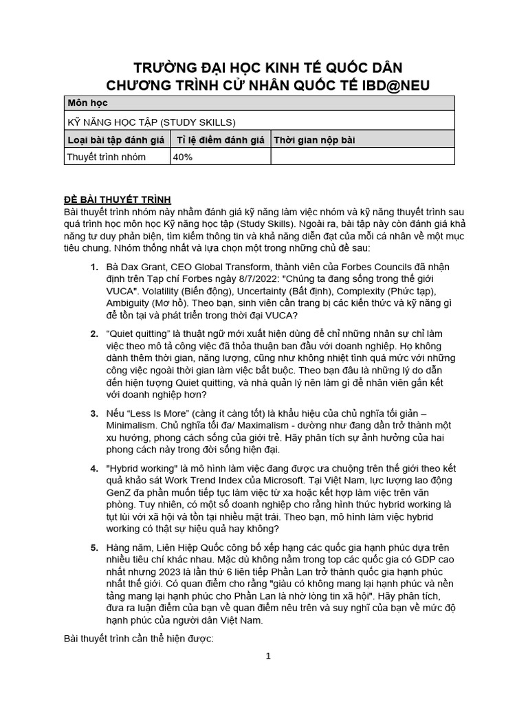 Đề bài Thuyết trình nhóm KNM_I19_2324 | PDF