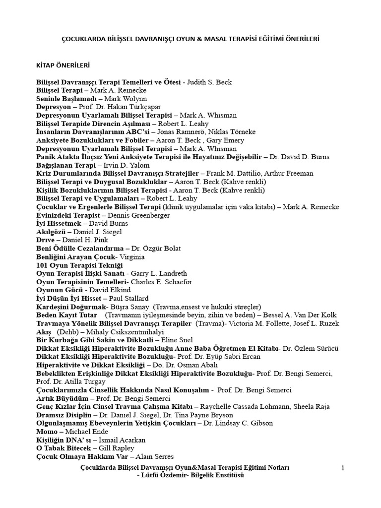 BDT, OYUN, MASAL TERAPİSİ Kitap Önerileri | PDF