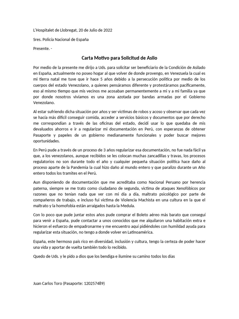 Carta Asilo Previa Barcelona España | Descargar gratis PDF | La violencia contra las mujeres | Perú