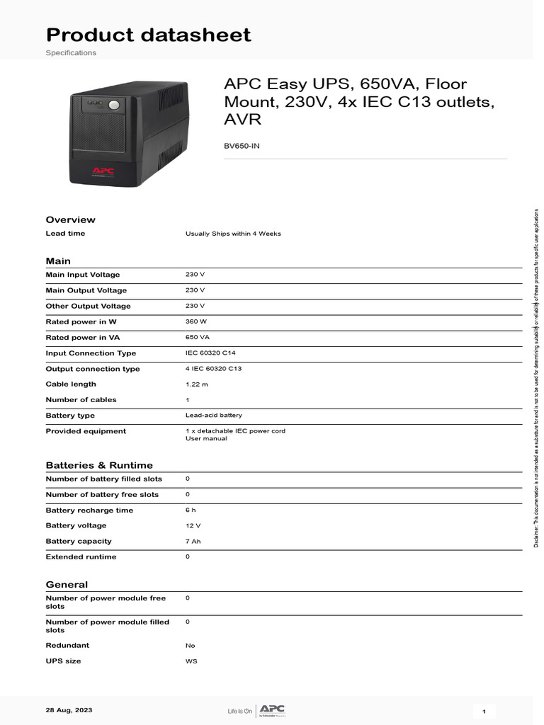 Back-UPS Battery Backup - BV650-IN | PDF | Manufactured Goods ...