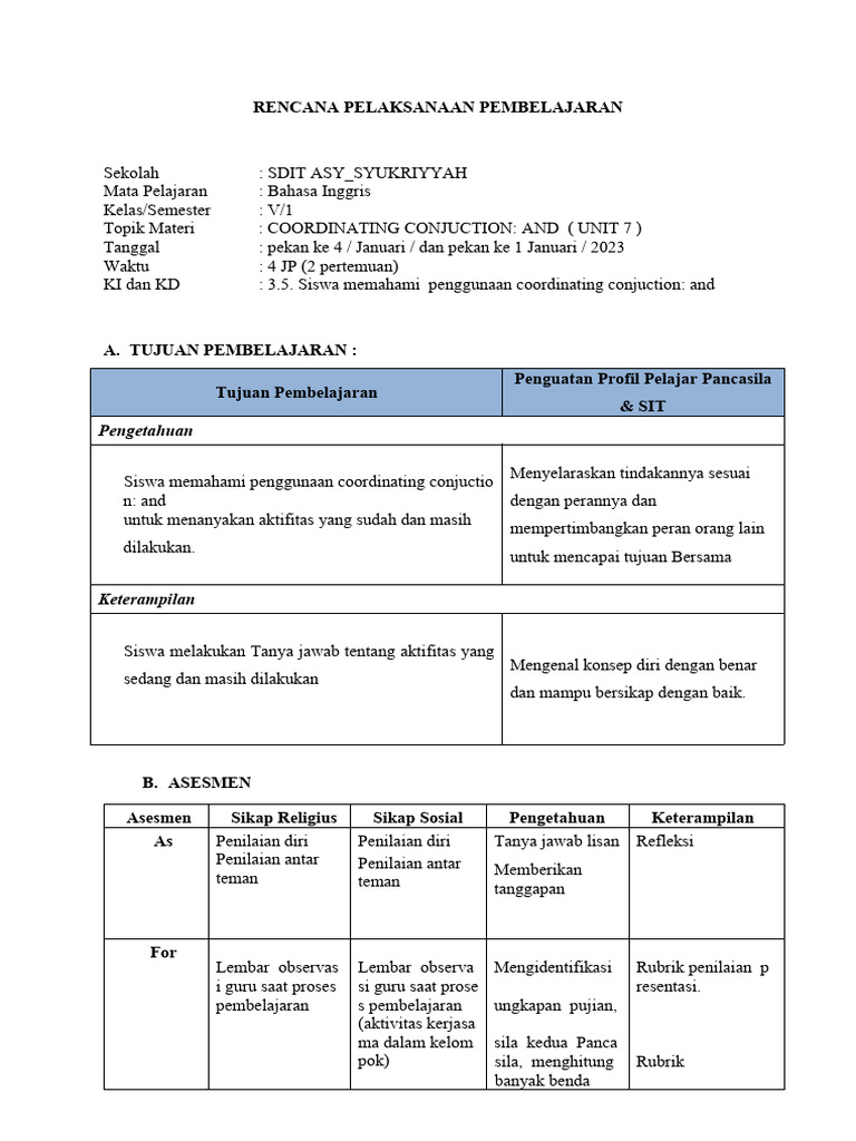 RPP English Kls 5 Unit 7 | PDF