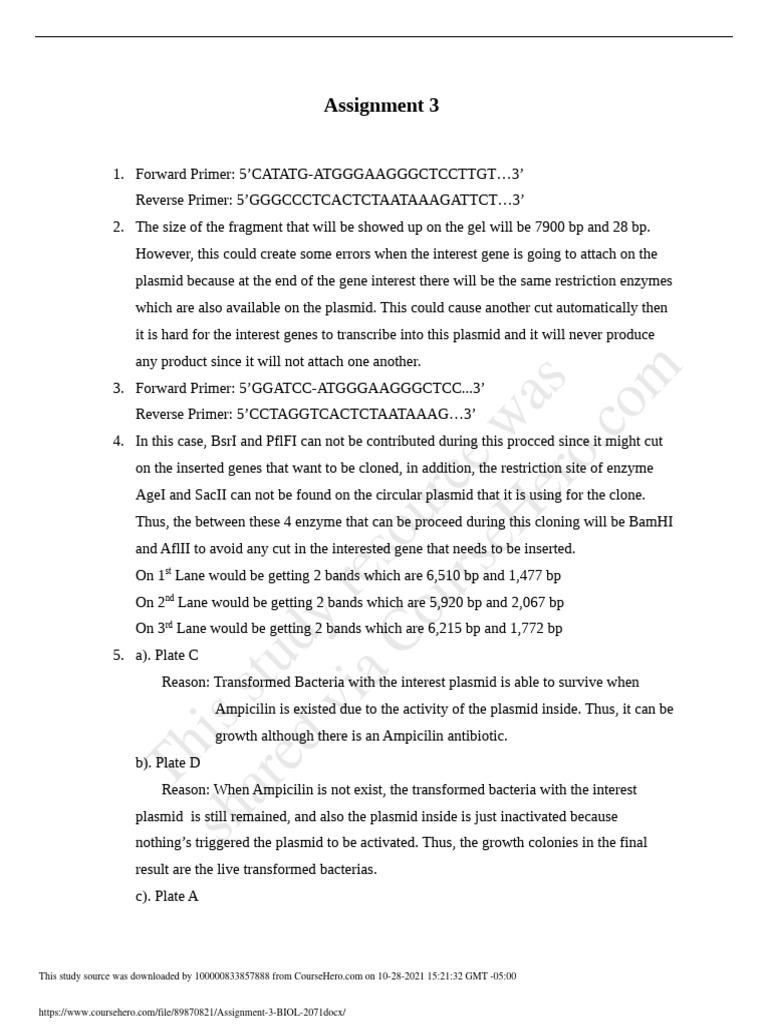 Assignment 3 BIOL 2071 | PDF | Plasmid | Molecular Cloning