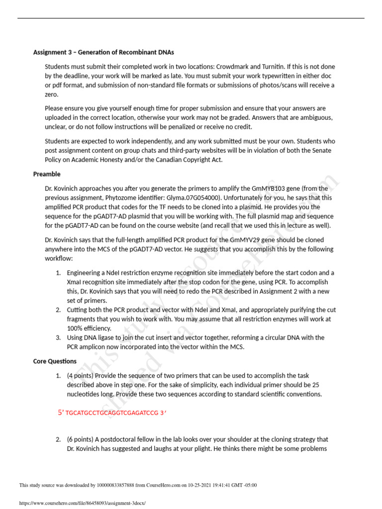 Assignment 3 | PDF | Molecular Cloning | Polymerase Chain Reaction Assignment 3 | PDF | Molecular Cloning | Polymerase Chain Reaction