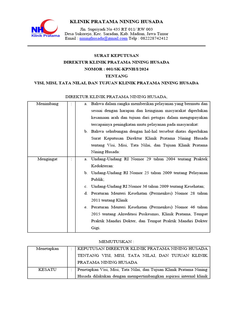 001 SK Visi, Misi, Dan Tujuan Klinik | PDF