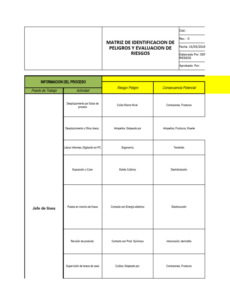 Matriz de Identificacion de Peligro y Evauacion de Riesgos. | PDF ...