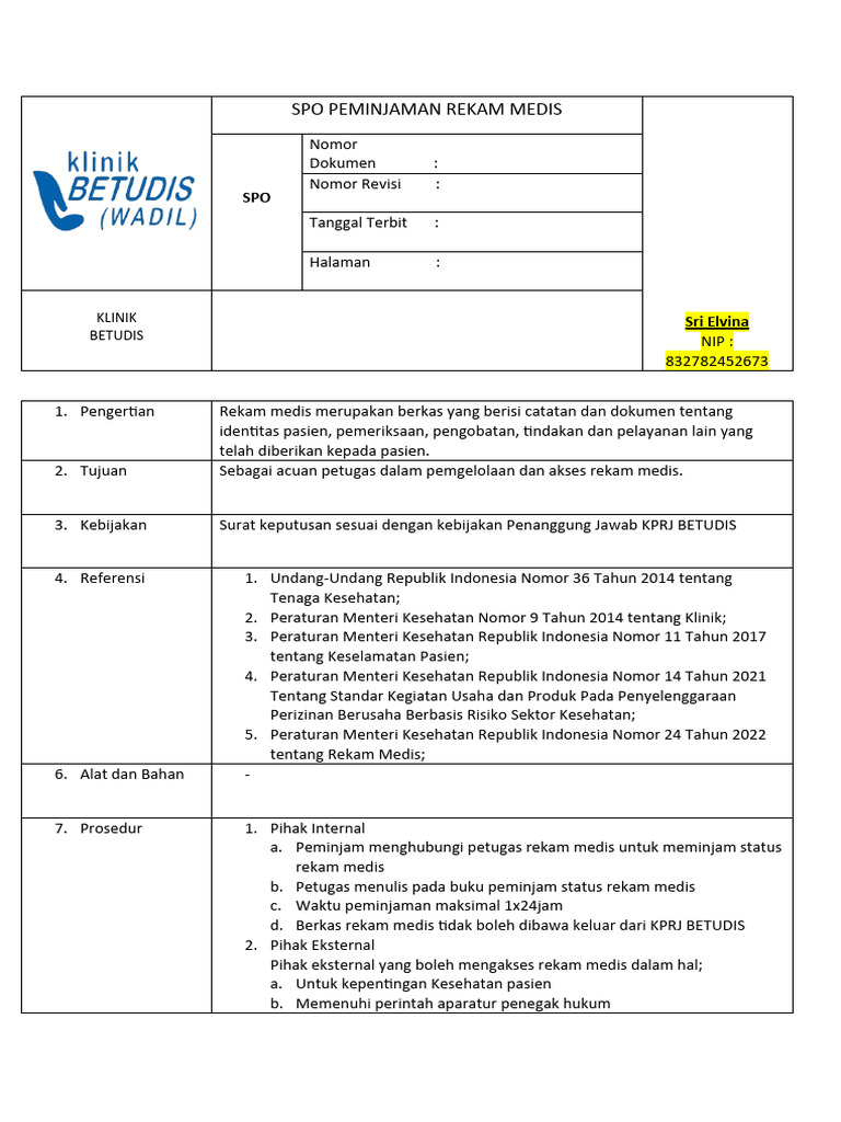 SPO PEMINJAMAN REKAM MEDIS | PDF
