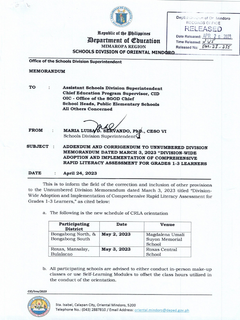 DM Addendum and Corrigendum To Unnumbered Division Memorandum Dated ...