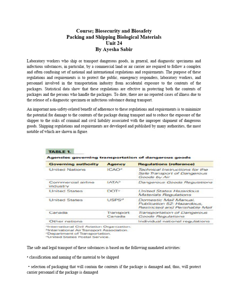 unit 24 Packing and Shipping biologial material | PDF | Dangerous Goods ...