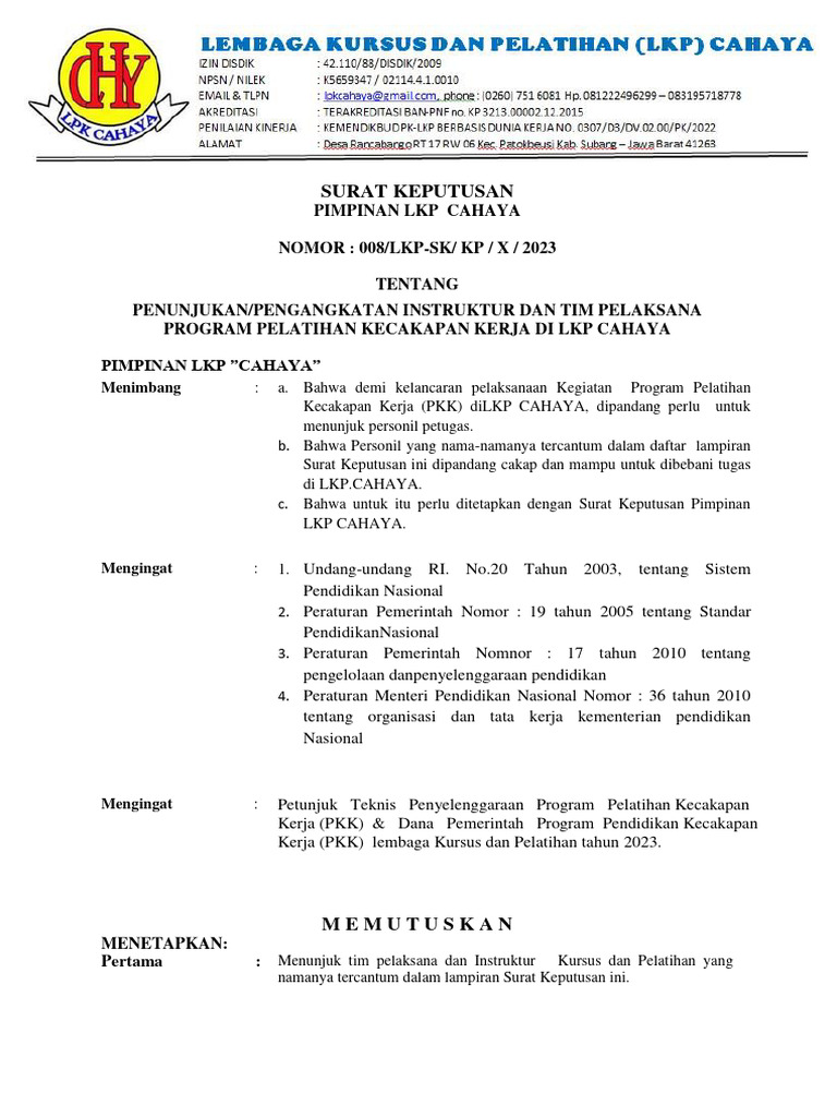 SURAT KEPUTUSAN PENGANGKATAN Instruktur | PDF
