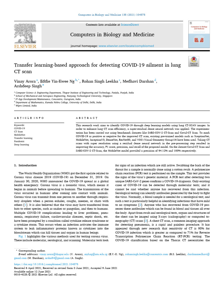 Transfer Learning Based Approach For Detecting COV - 2021 - Computers in Biology | PDF | Ct Scan ...