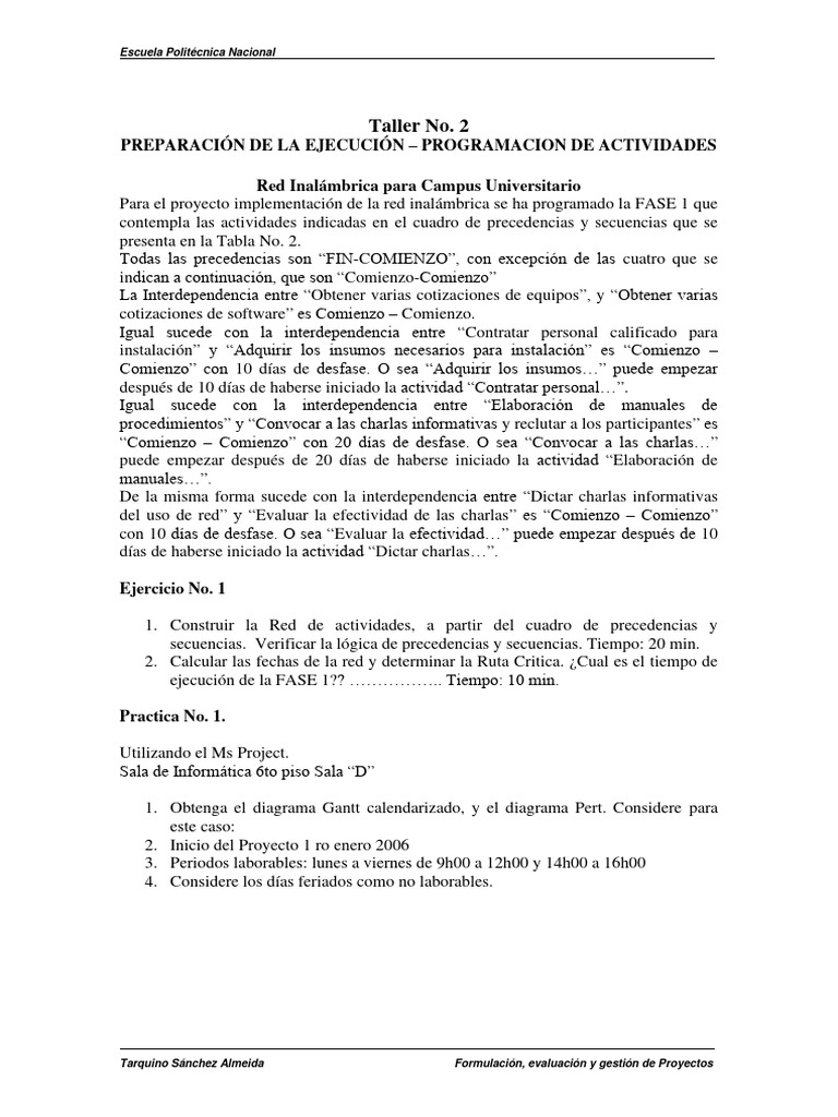 Taller No 2. Programación de actividades - Red Inalambrica Campus Universitario1 | PDF ...