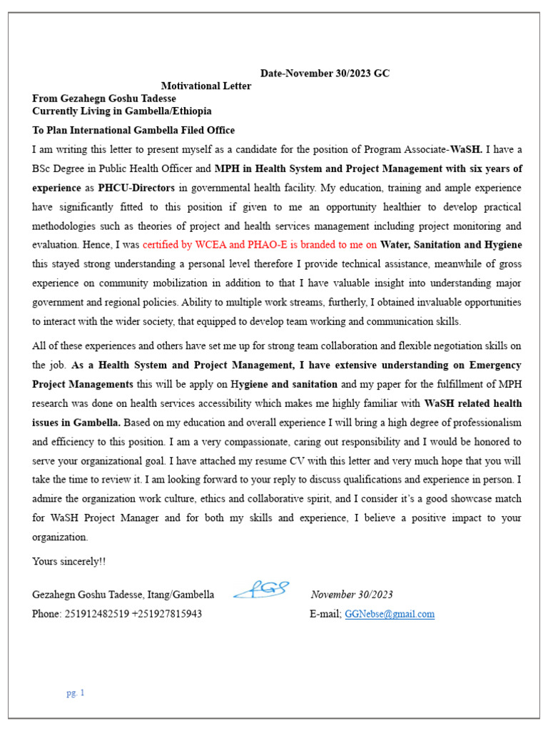 Gezahegn Goshu Aplication Latter. | PDF | Wash | Project Management