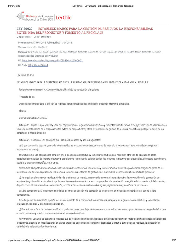 Ley Chile - Ley 20920 - Biblioteca Del Congreso Nacional | PDF | Residuos | Reciclaje