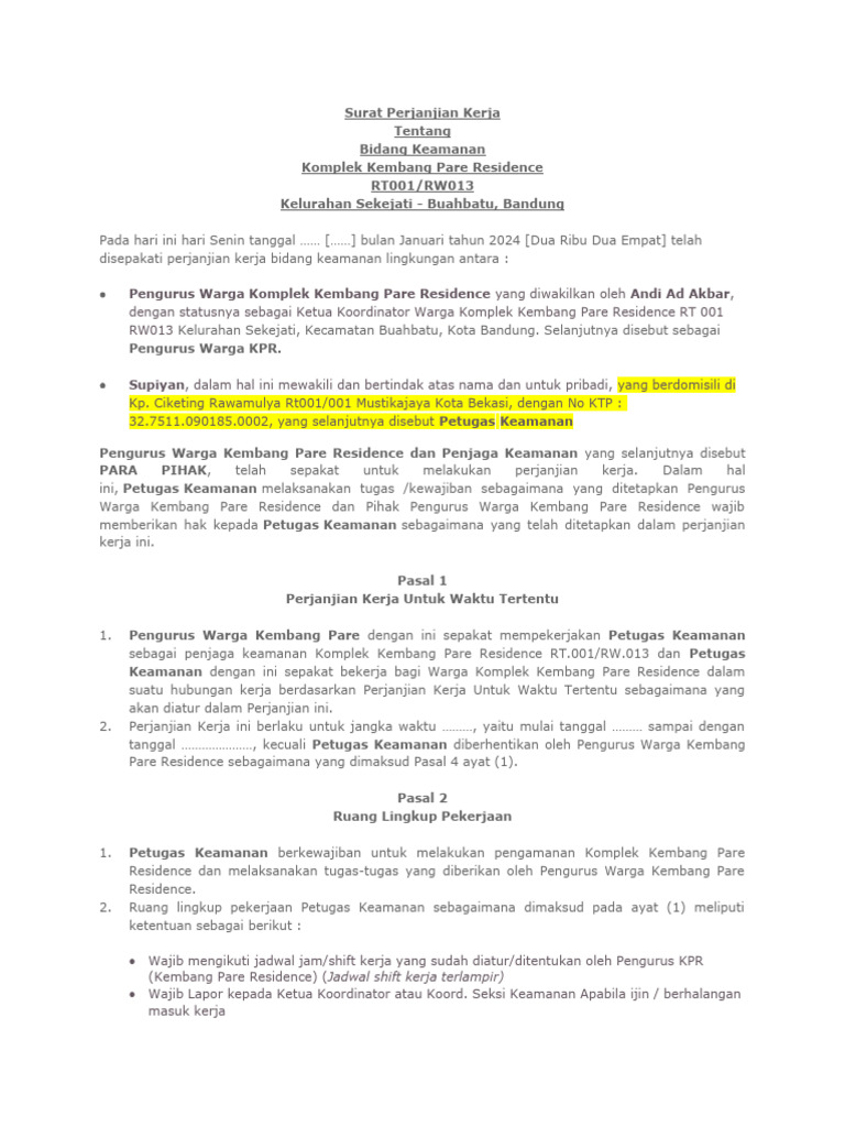 Surat Perjanjian Kerja Security | PDF
