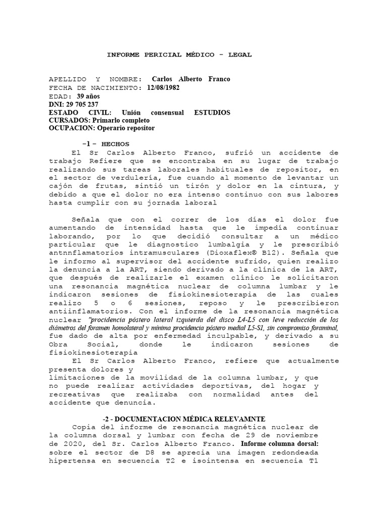 Informe Pericial Médico | PDF | Dolor lumbar | Sistema musculoesquelético