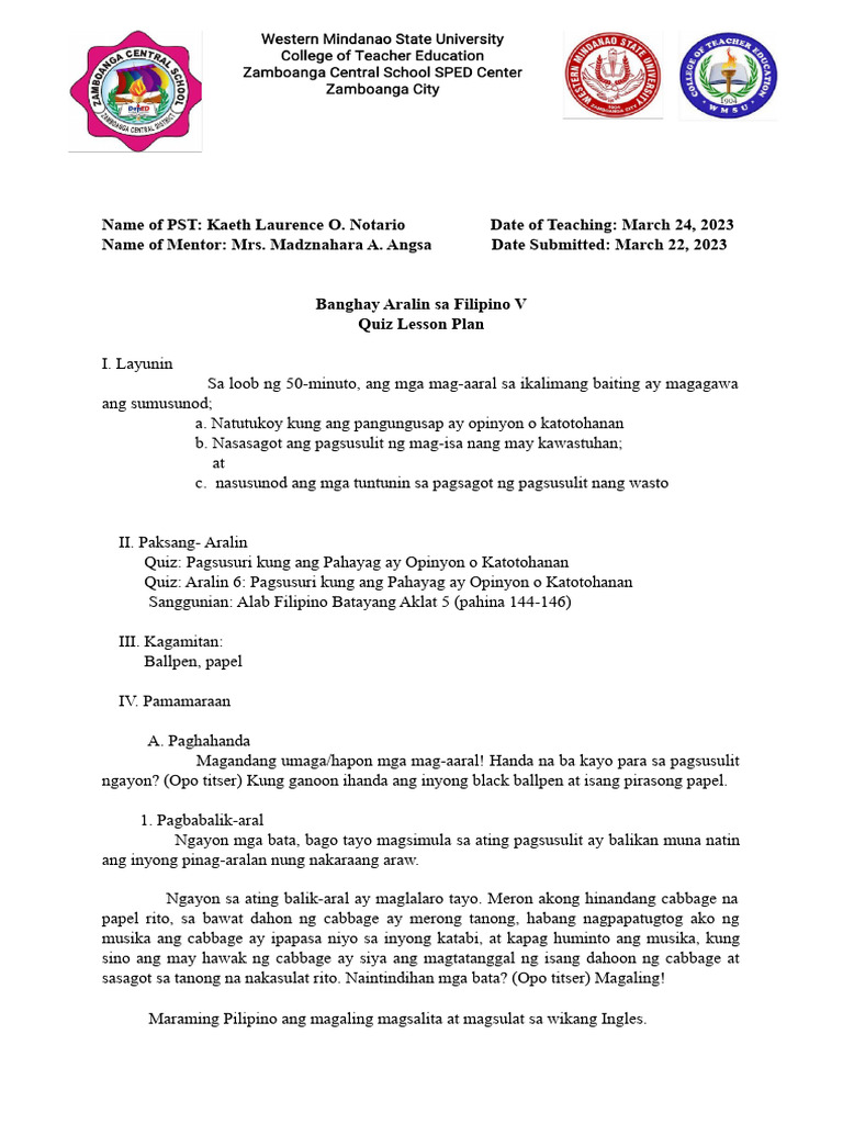 Quiz Lesson Plan - 2 | PDF