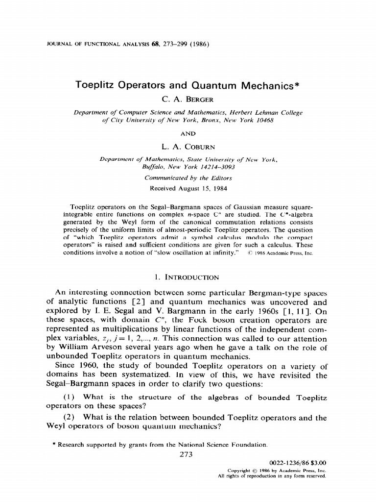 Toeplitz Operators and Quantum Mechanics | PDF | Hilbert Space | Operator (Mathematics)