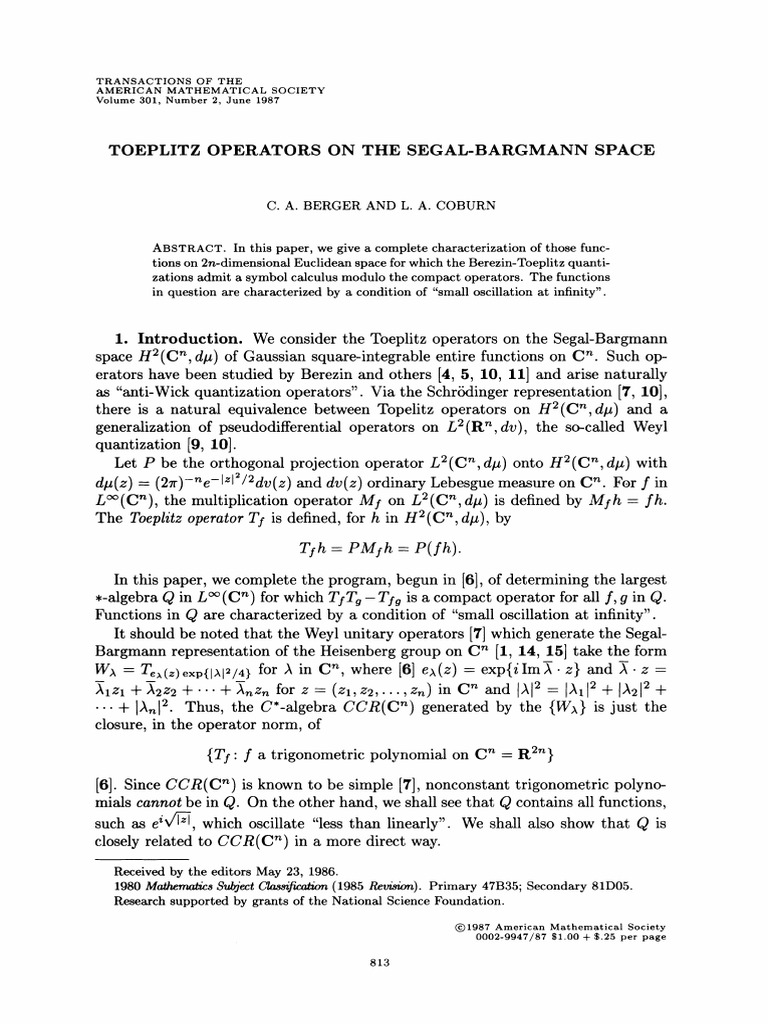 Toeplitz Operators On The Segal Bargmann Space Pdf Compact Space Theorem 