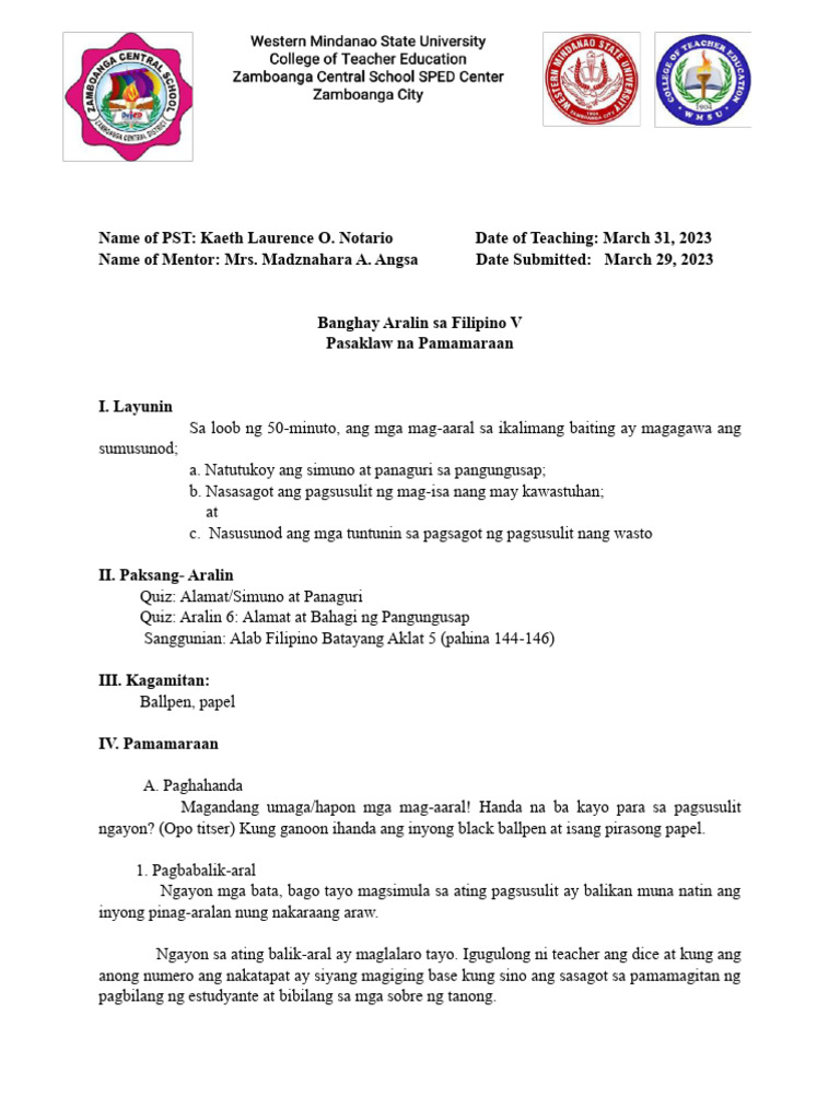 Quiz lesson Plan 3 | PDF