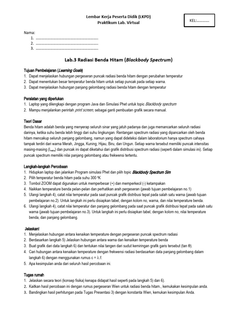 Lab 2-1 LKPD Blackbody Spectrum (PhET) | PDF