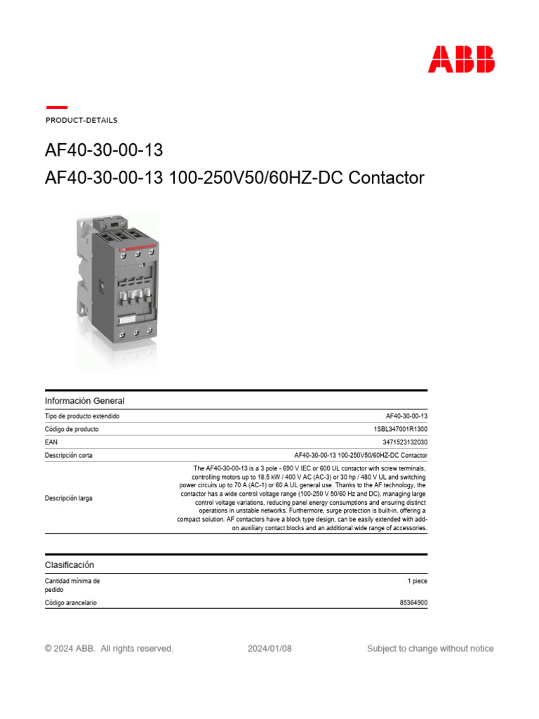 Contactor AF40-30-00-13: Especificaciones | PDF | Ingenieria Eléctrica ...