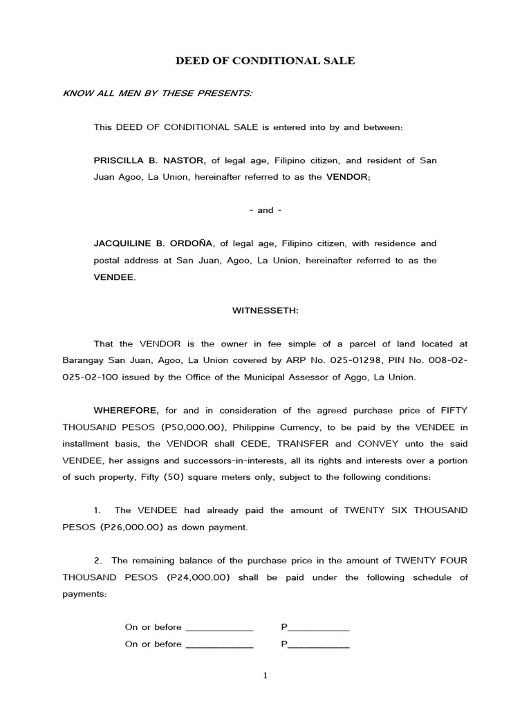 Deed of Conditional Sale (Sample 2) | PDF | Property Law | Civil Law ...