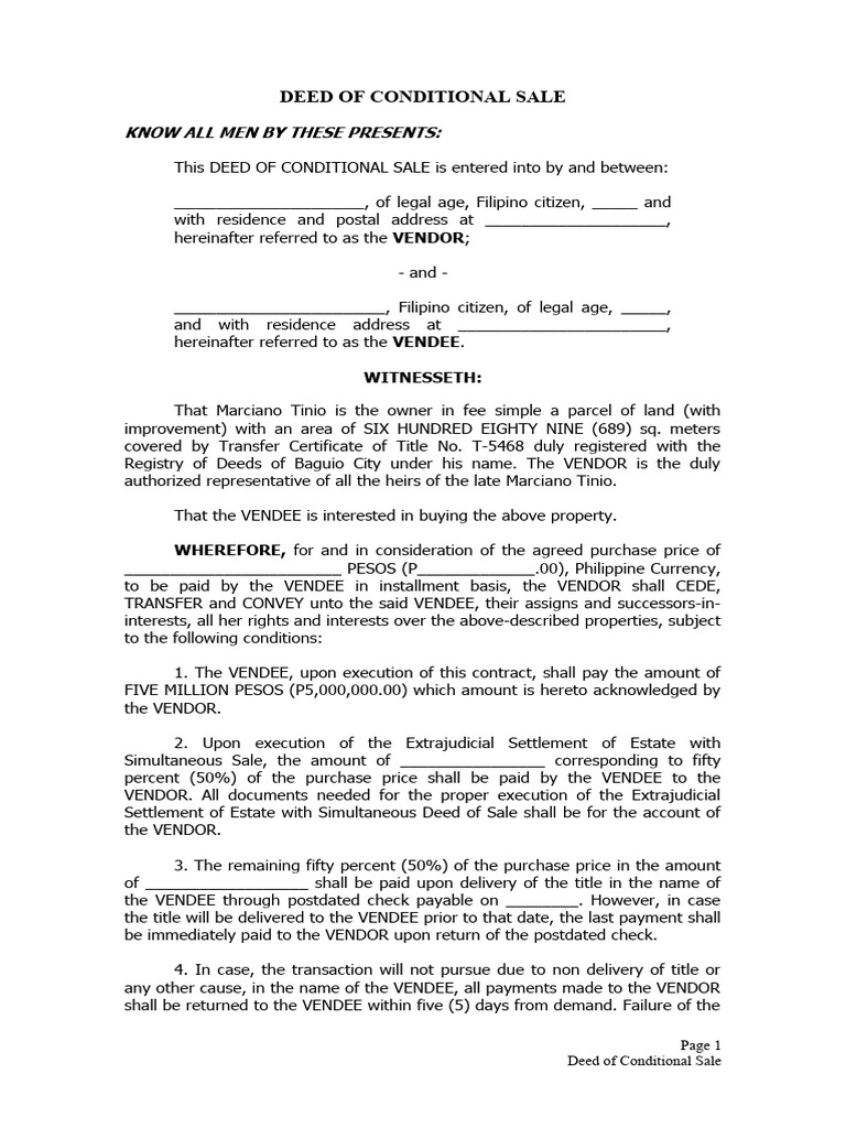 Deed of Conditional Sale (Sample 1) | PDF