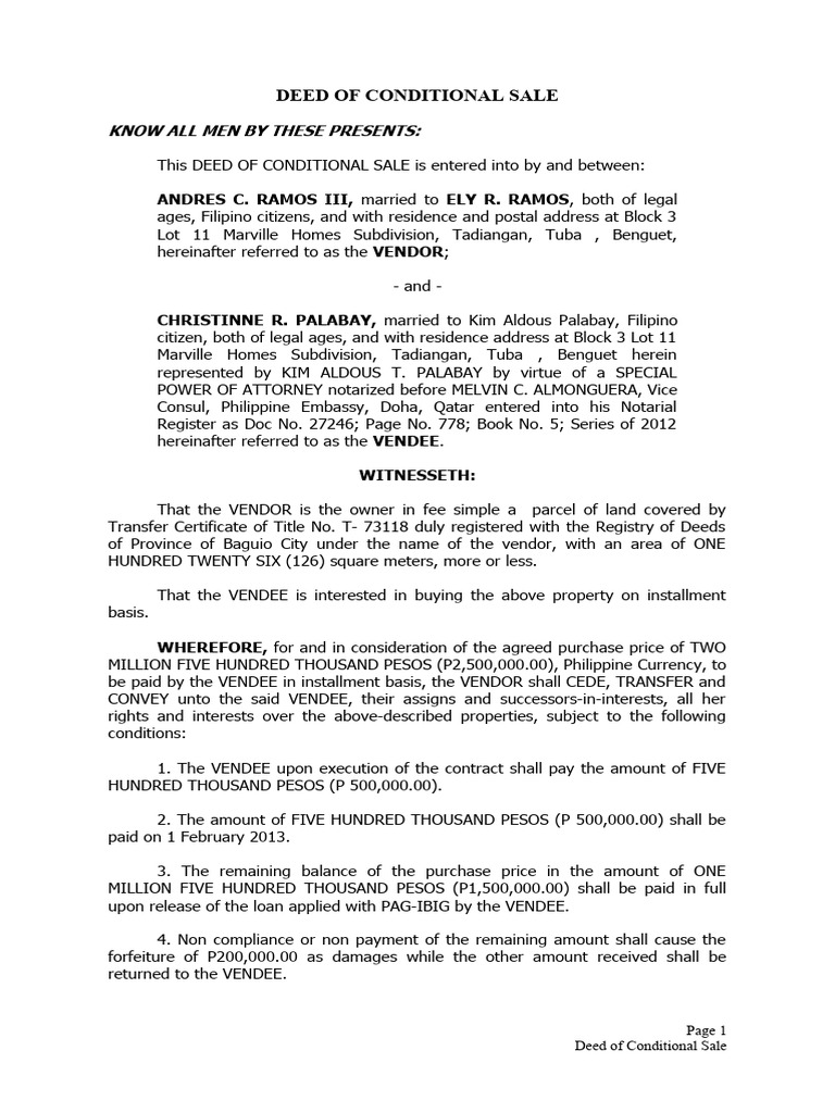 Deed of Conditional Sale (Sample 4) | PDF | Deed | Common Law