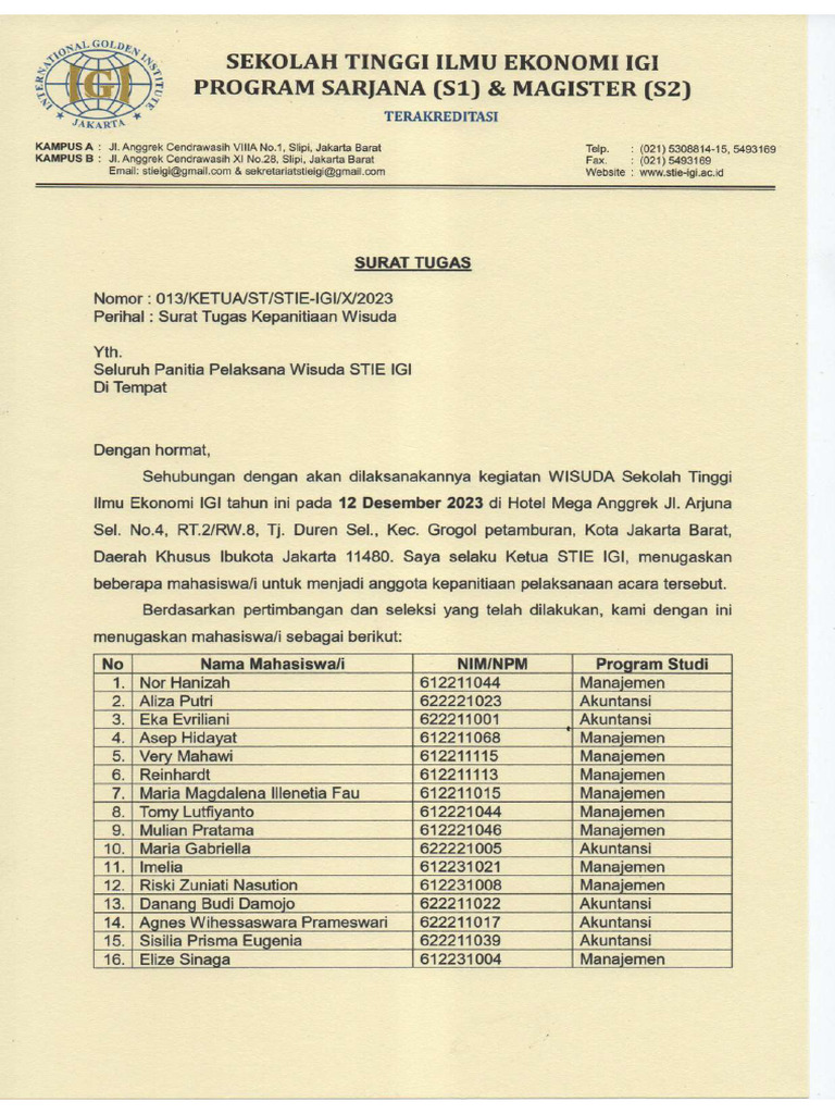 Surat Tugas Panitia Wisuda 2023 | PDF