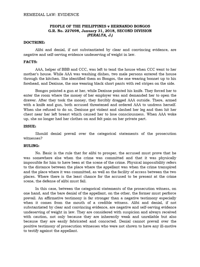 People of The Philippines V Hernando Bongos (Denial v. Categorical ... People of The Philippines V Hernando Bongos (Denial v. Categorical ...