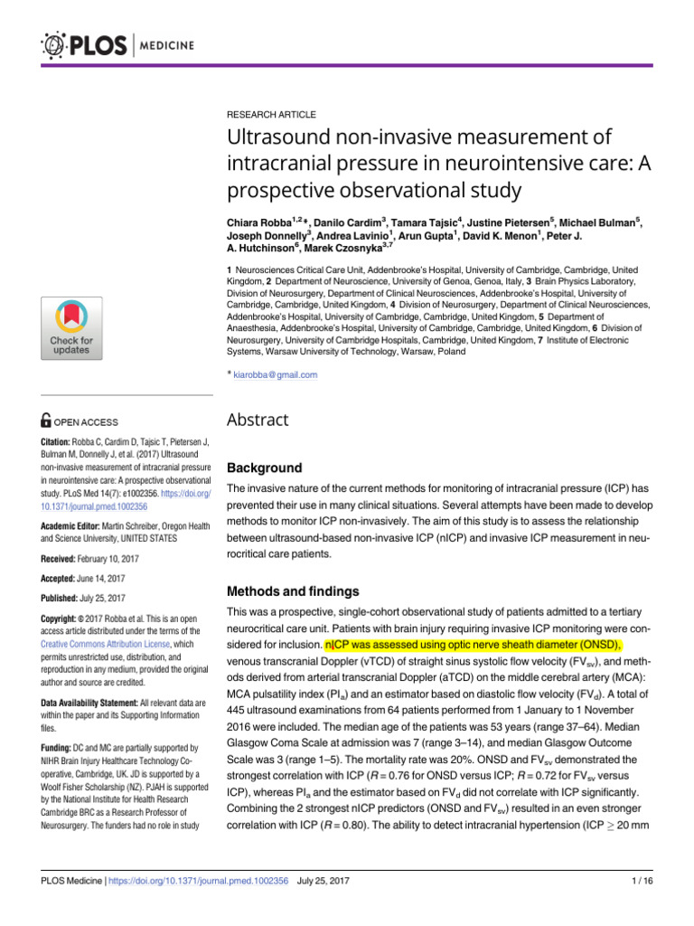 Ultrasound Non-Invasive Measurement of Intracranial Pressure in ...